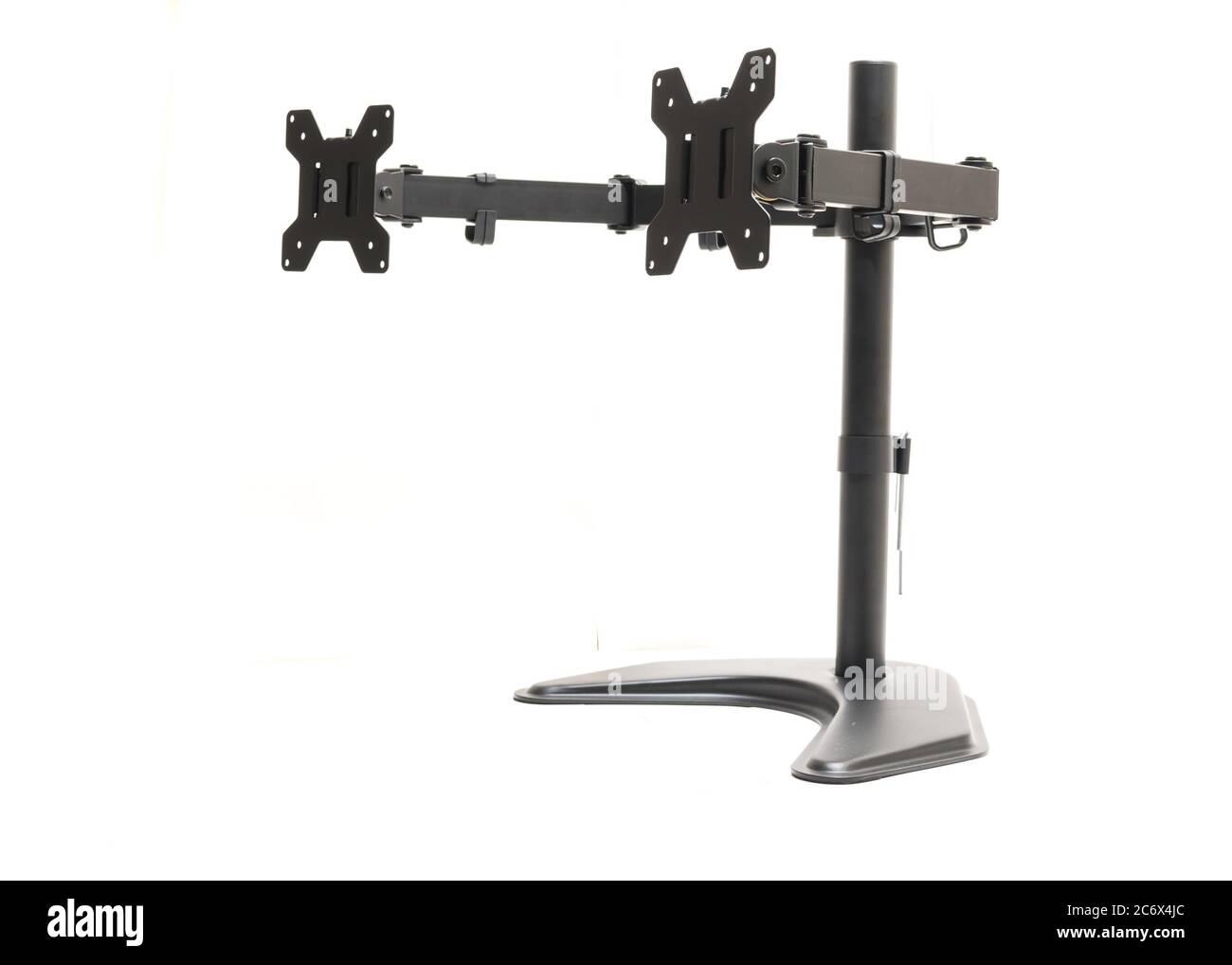Side view modern dual monitor desk mount stand isolated on white ...