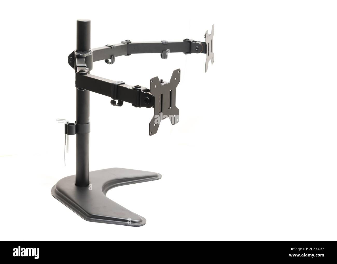 Side view modern dual monitor desk mount stand isolated on white ...