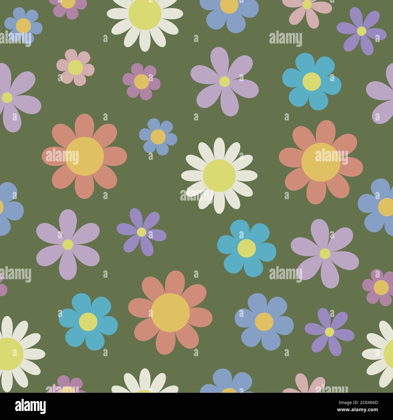 vintage stylized daisy flower seamless pattern on green backgrou Stock ...