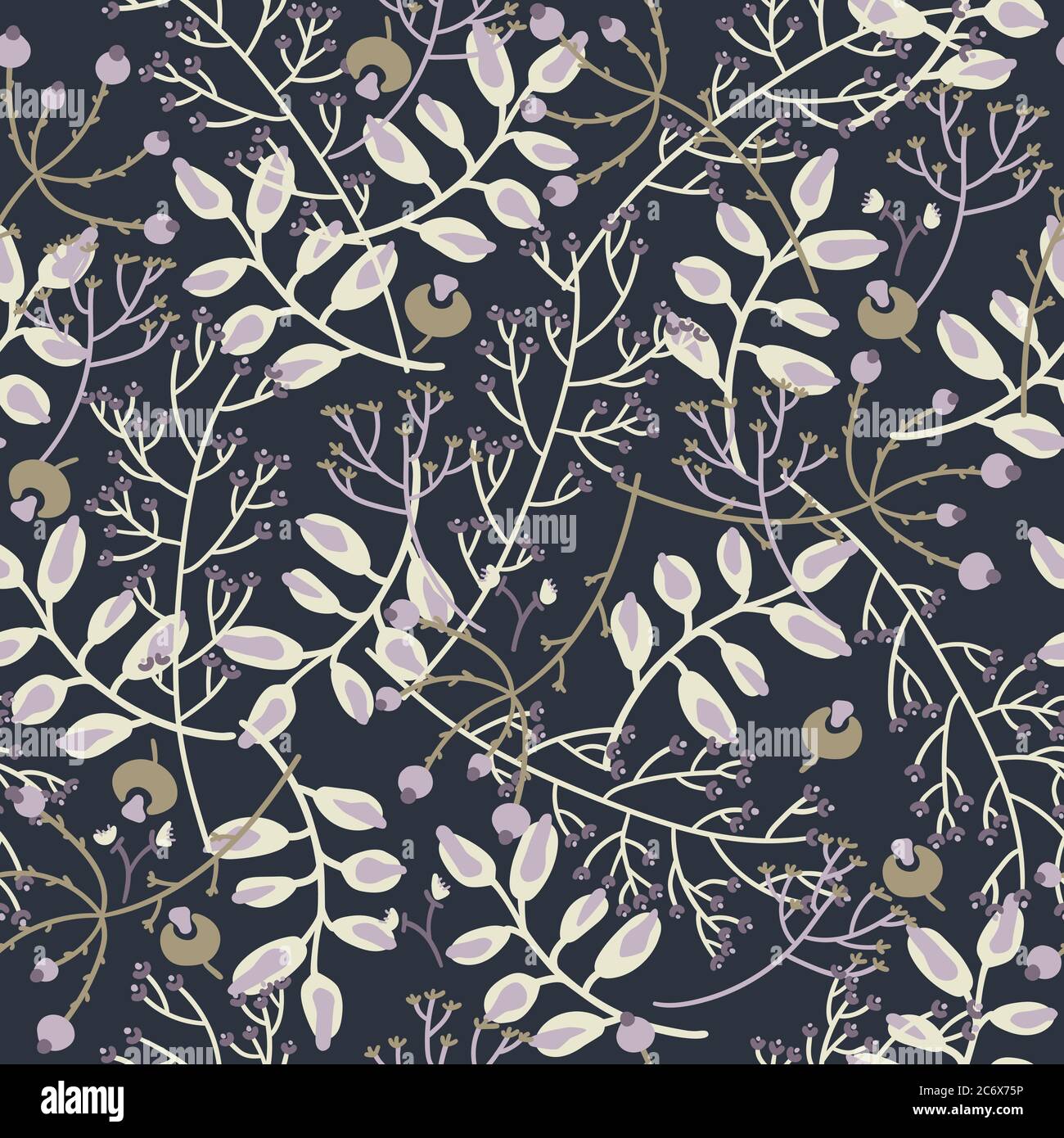 Seamless pattern of abstract flowers and herbs on dark background ...
