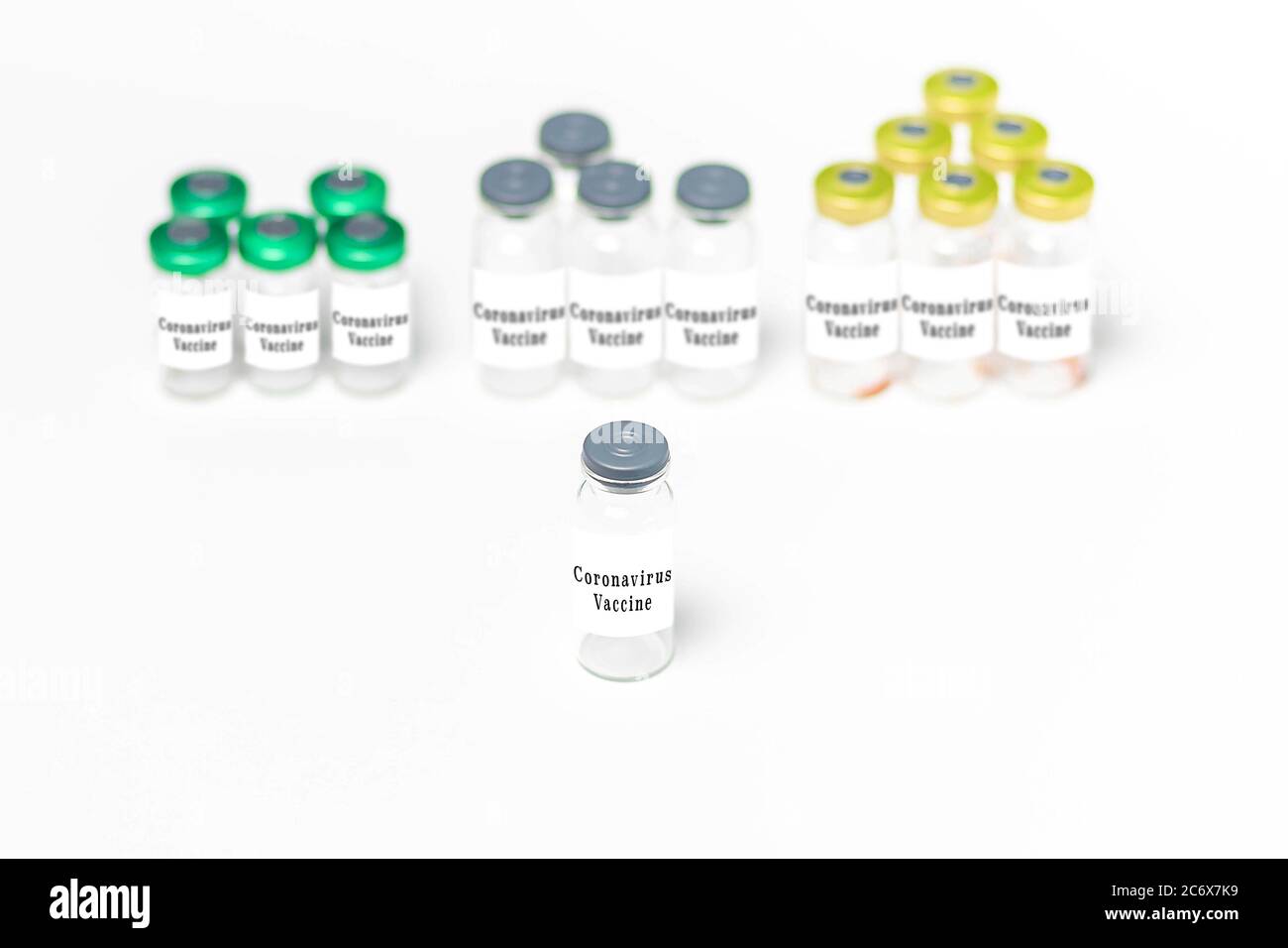 Clean, used and empty medical vials with caps isolated on white ...