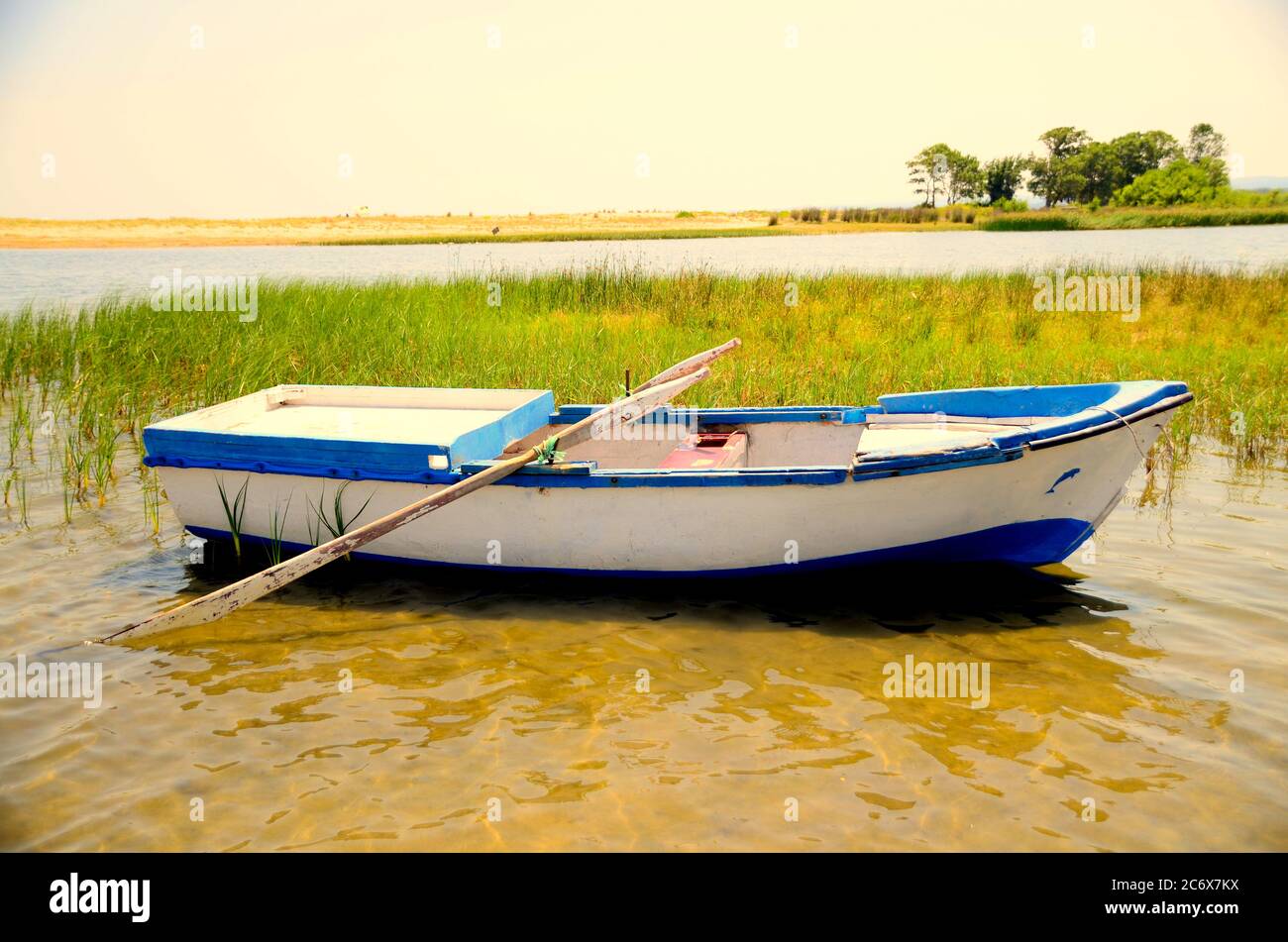 a blue and white boat in the water Stock Photo - Alamy