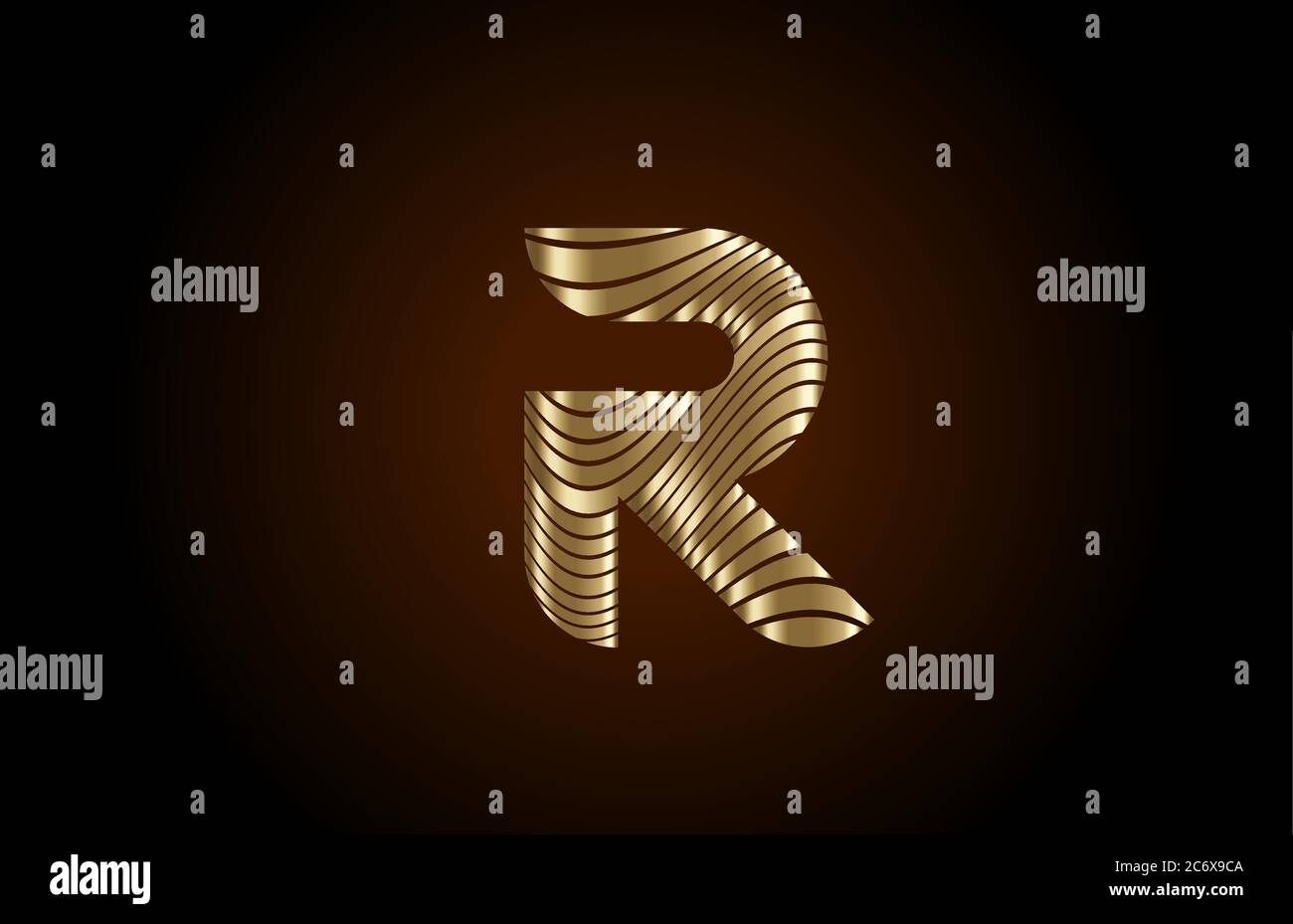 R yellow alphabet letter logo icon for company. Metallic gold line ...