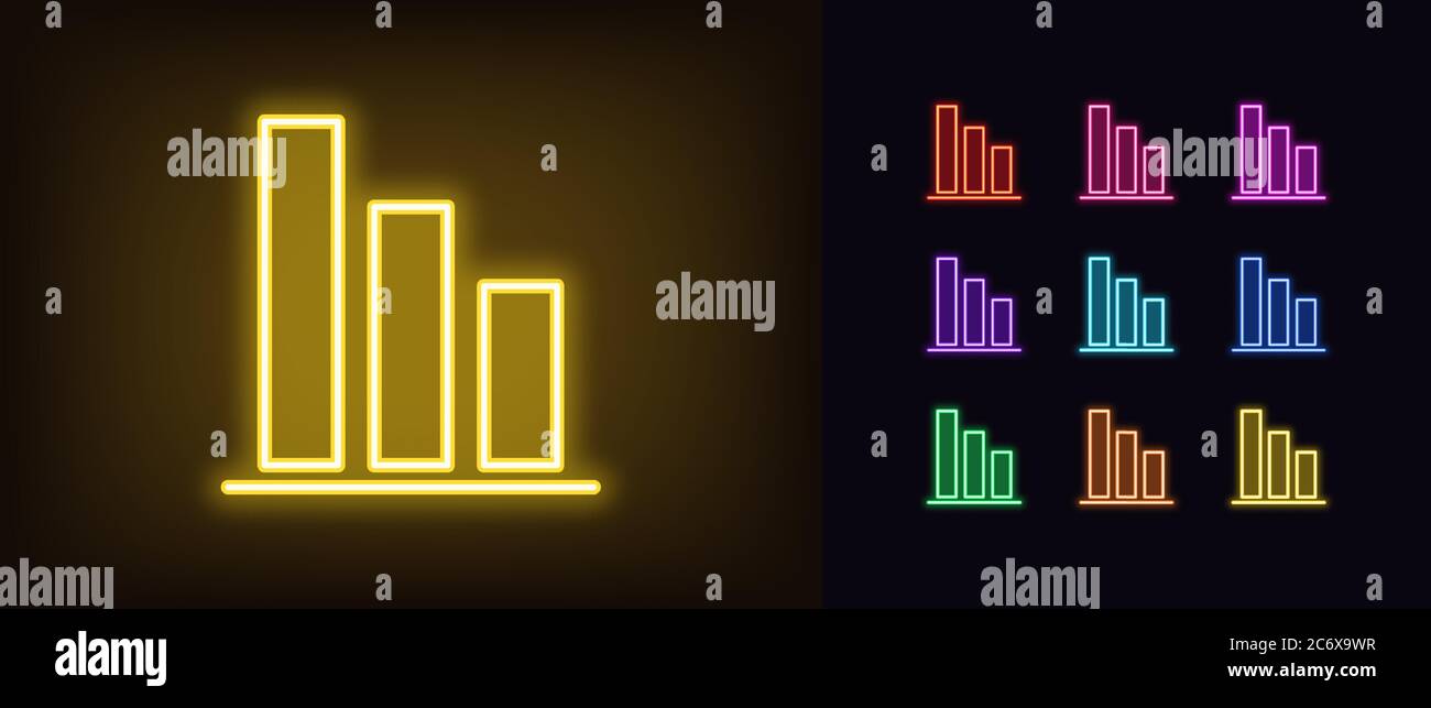 Neon downfall graph icon. Glowing neon drop diagram sign, down bar ...