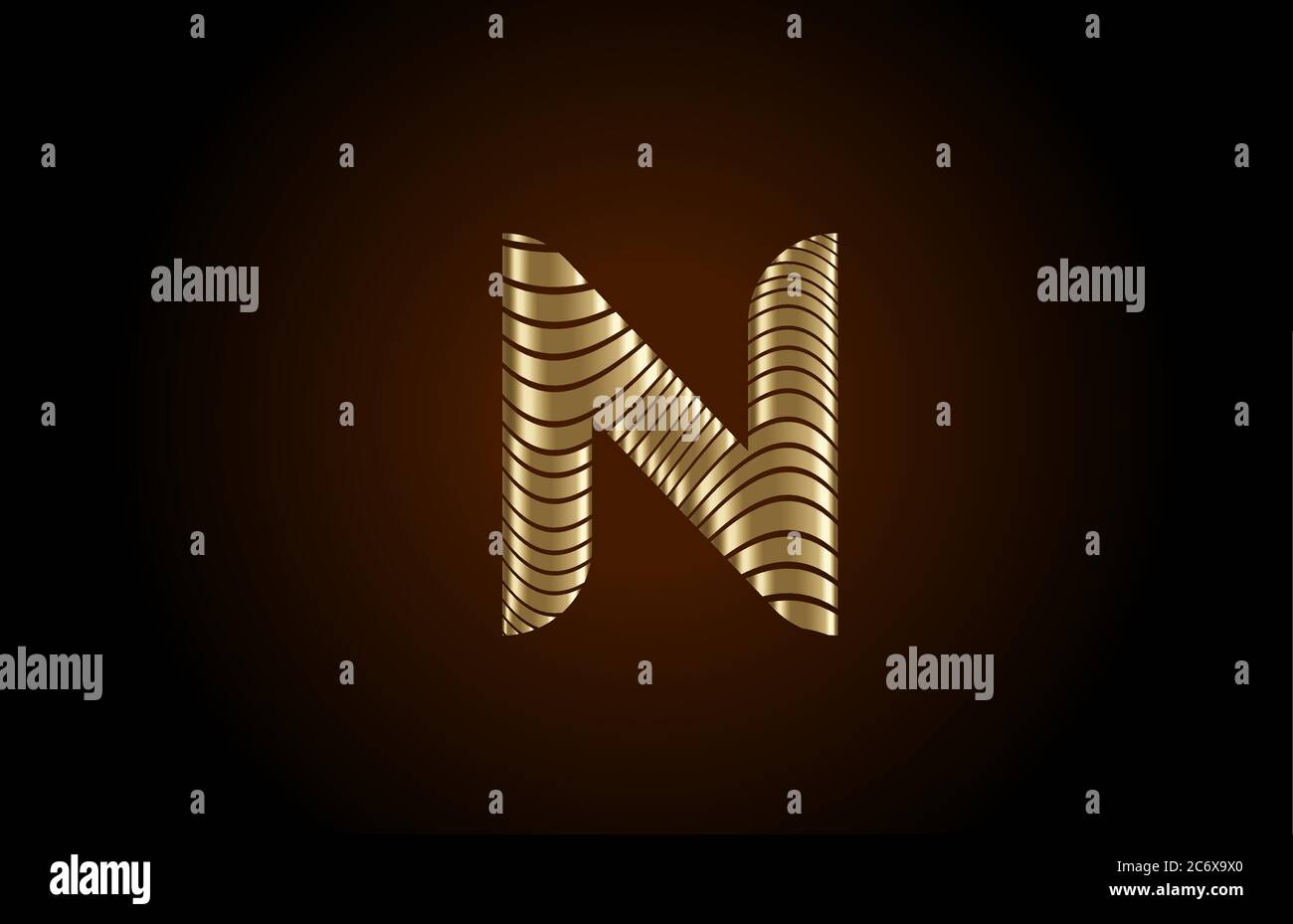 N yellow alphabet letter logo icon for company. Metallic gold line ...