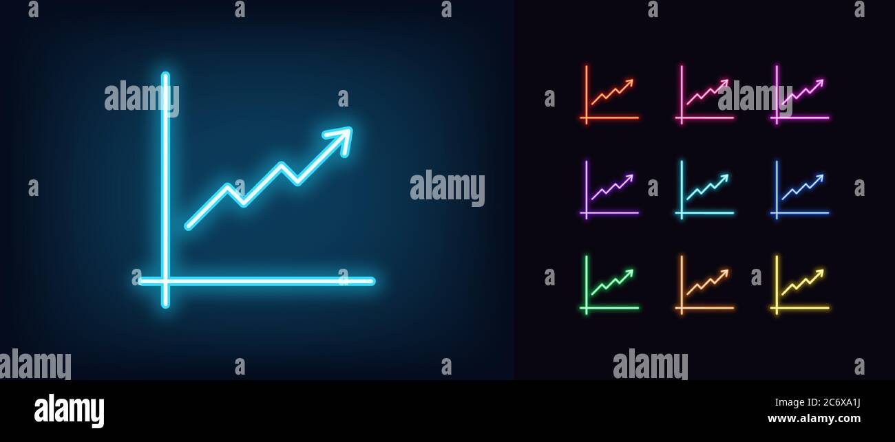 Neon upward chart icon. Glowing neon growth chart sign, up arrow in ...