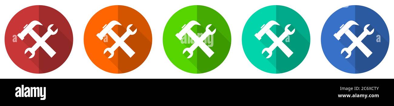 Tools icon set, service, red, blue, green and orange flat design web ...