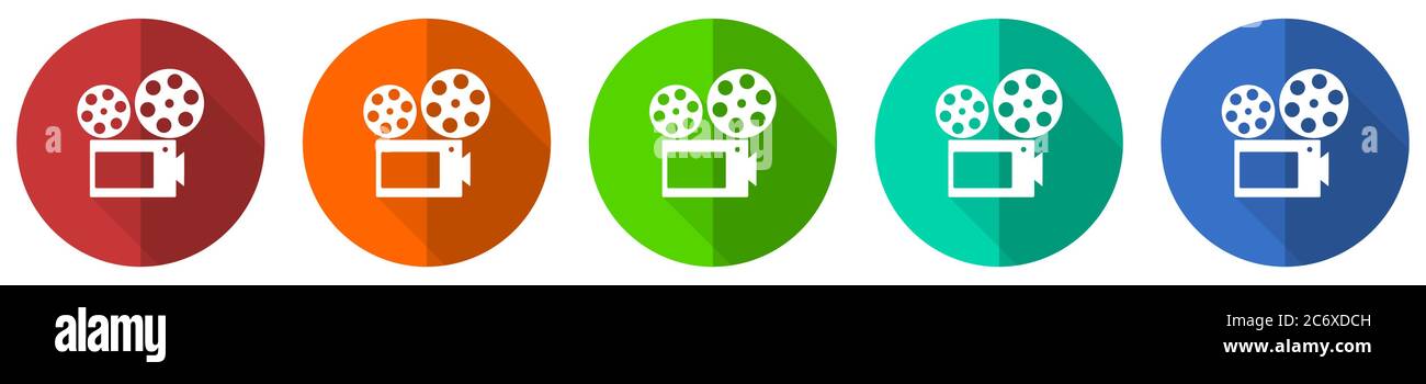 Movie icon set, red, blue, green and orange flat design web buttons ...