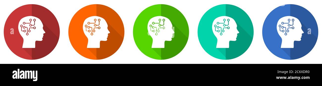 Human head icon set, brain, human, circuit, red, blue, green and orange ...