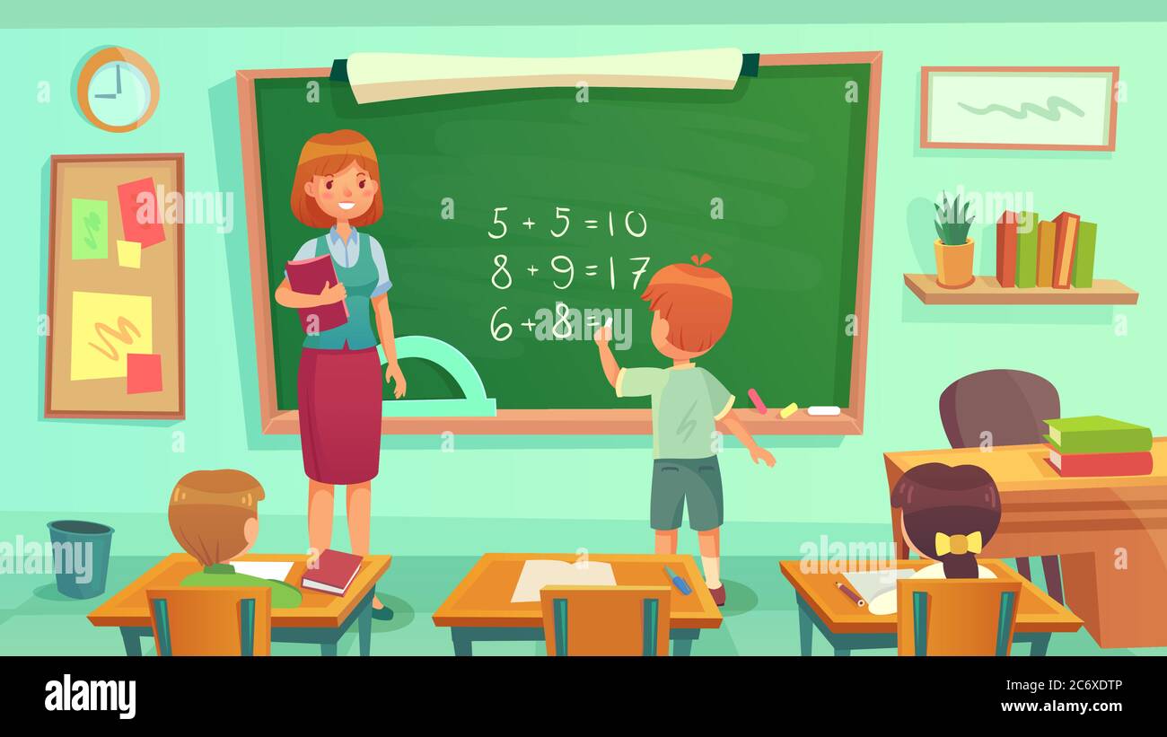 Maths class, woman teacher and pupils sitting at desks in room. Kids ...