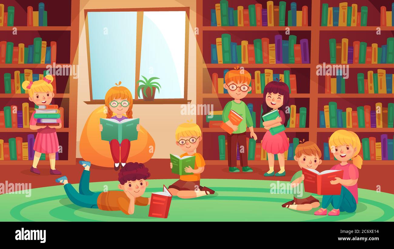 Kids in library reading books. Girls and boys learning, getting ...