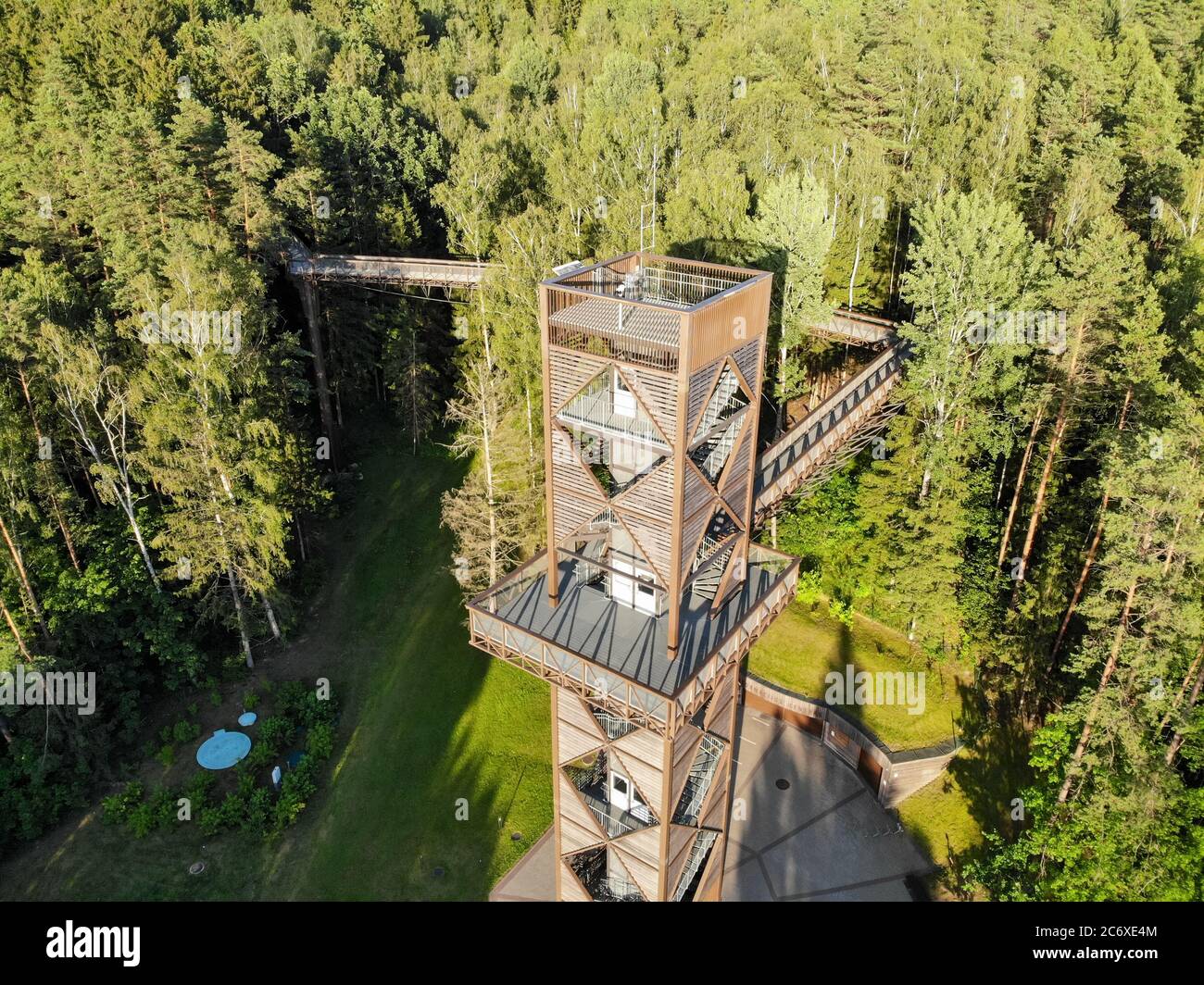 The treetop walking path watchtower in laju takas, Anyksciai, Lithuania ...