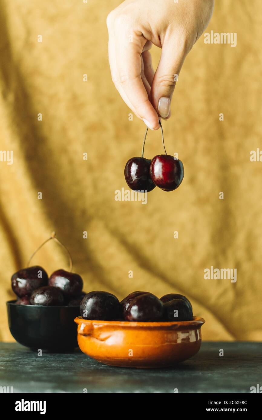 An Cherries on a yellow autumn cloth with human hand. Concept of ...