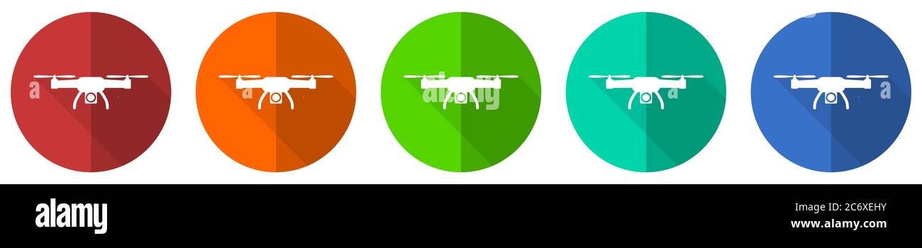 Drone icon set, copter, aerial camera, red, blue, green and orange flat ...