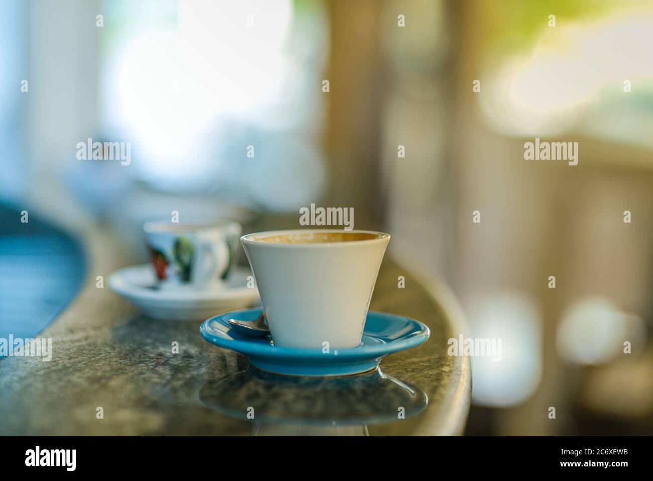 Espresso coffee cappuccino close up overhead shot , daylight , a Stock ...