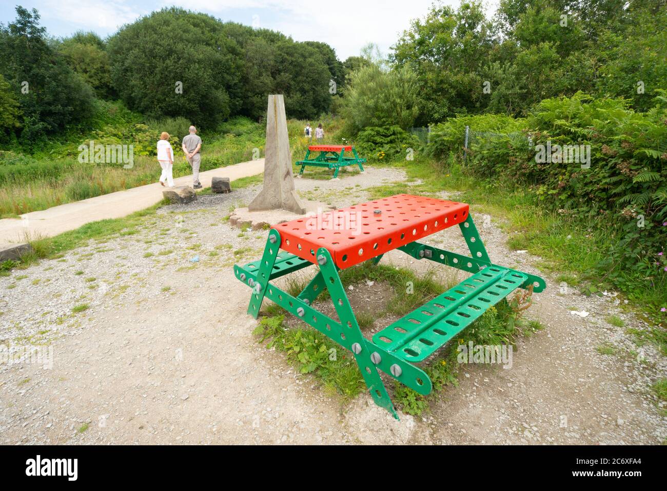 Picnic area at Nob End Locks, Prestolee. The picnic tables are made out ...