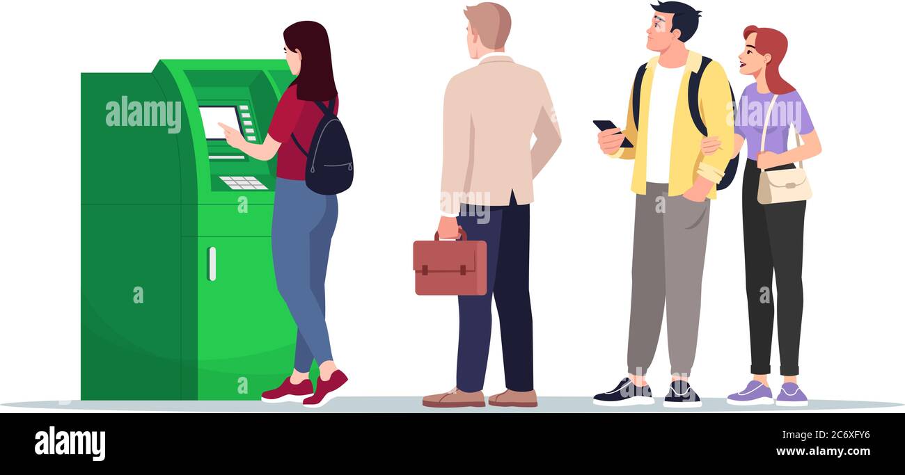 ATM queue semi flat RGB color vector illustration. People wait near ...