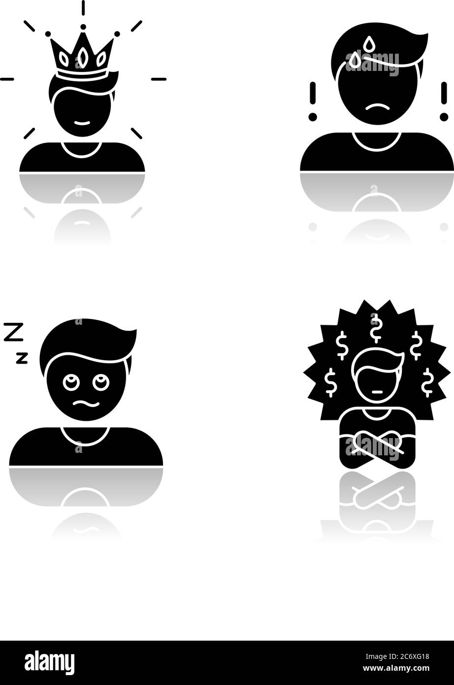 Negative feelings and bad traits drop shadow black glyph icons set ...