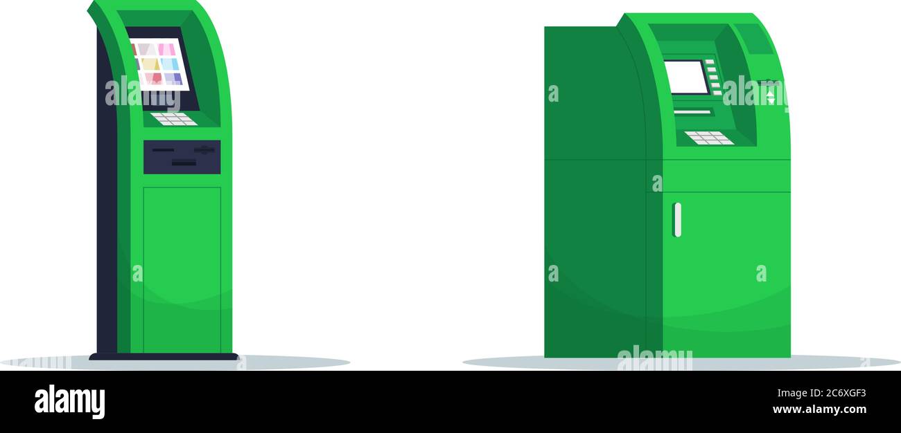 Self serving kiosks semi flat RGB color vector illustration set. ATM ...