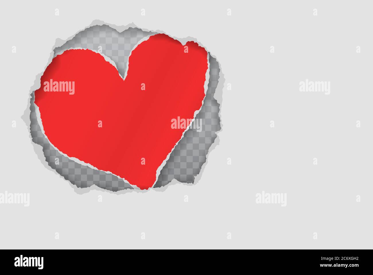 Torn hole in paper, with red ripped paper heart, round frame for text ...