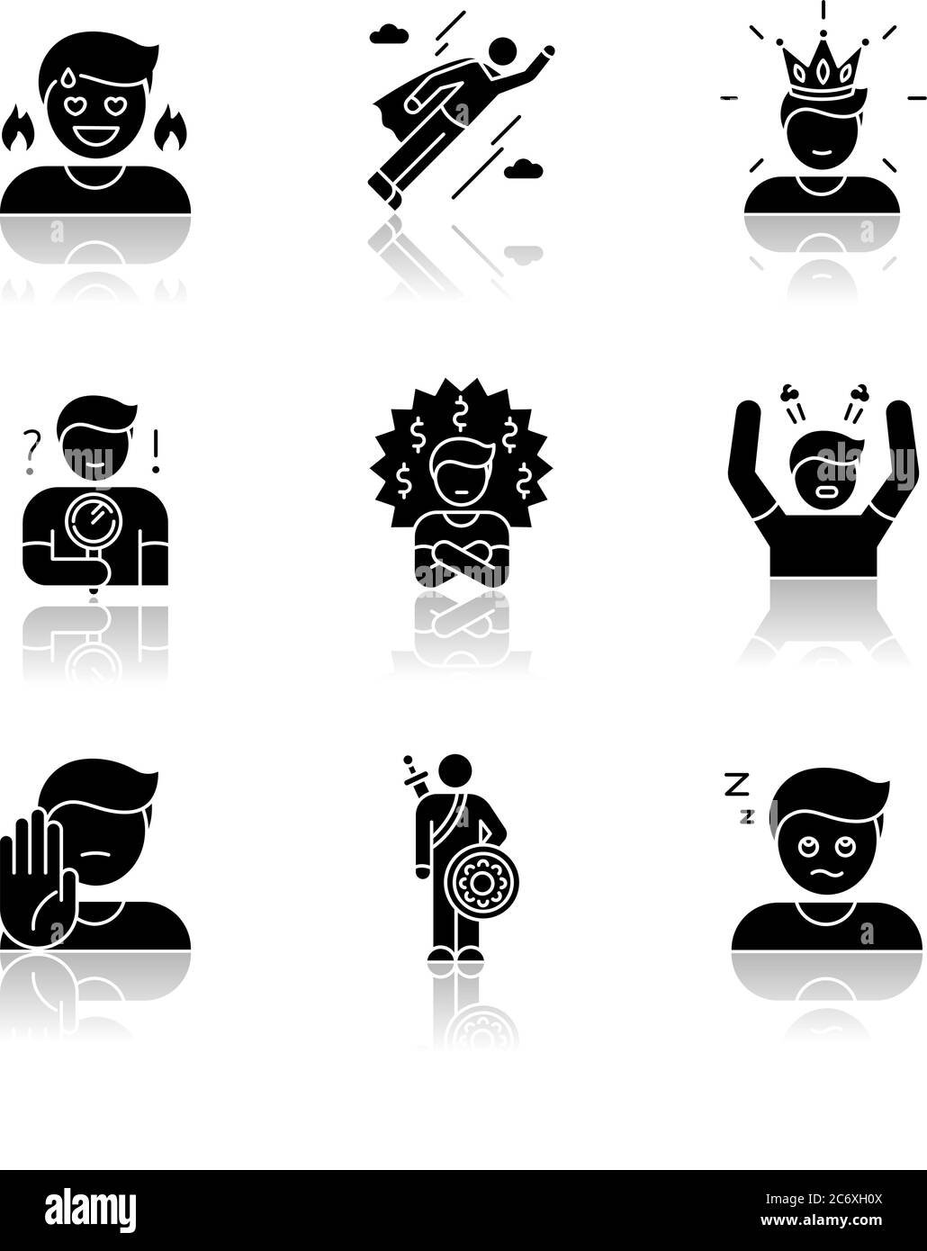 Human emotions drop shadow black glyph icons set. Different ...