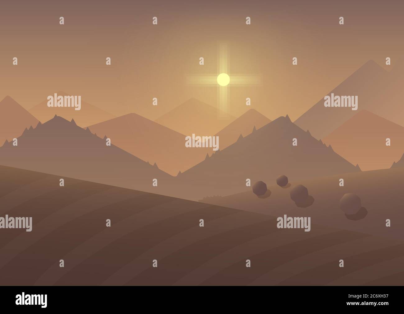 Cartoon sunrise Mountain Landscape Background with trees and fields ...