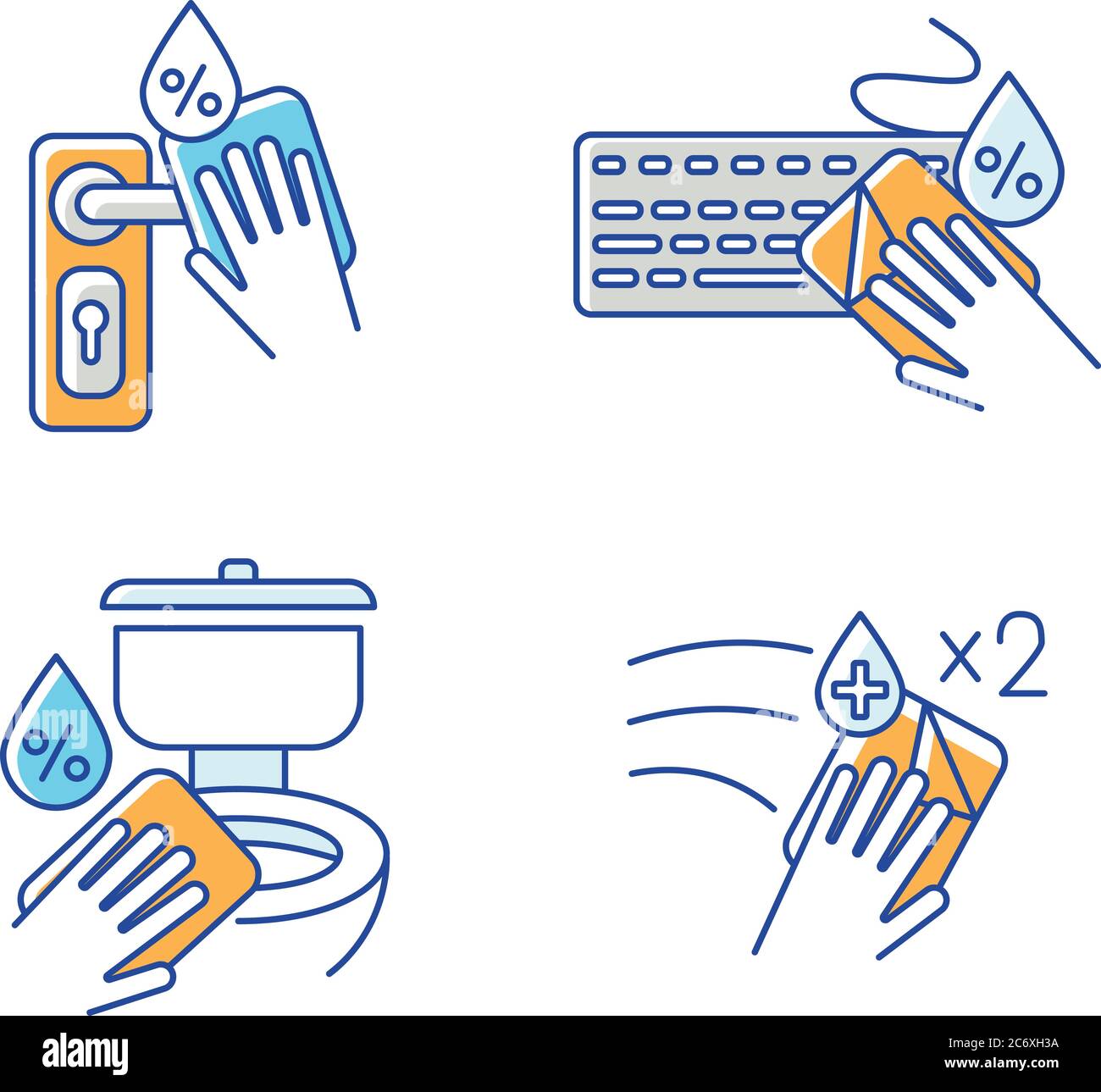 Surface cleaning RGB color icons set. Door knob, keyboard and toiled ...