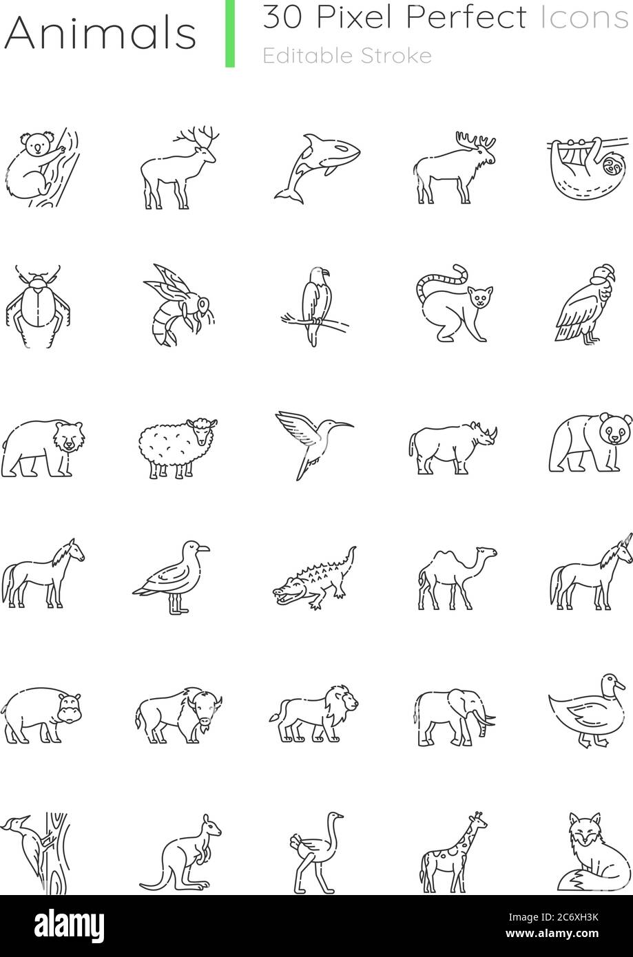Animals pixel perfect linear icons set. Different wildlife, diverse ...