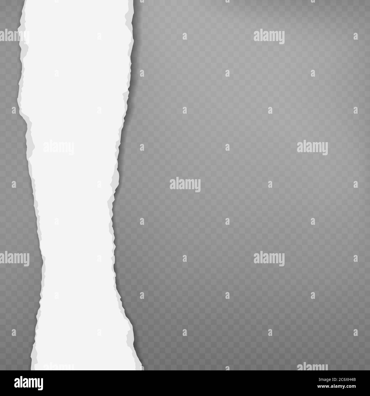 Piece of torn vertical white paper with soft shadow is on dark grey ...