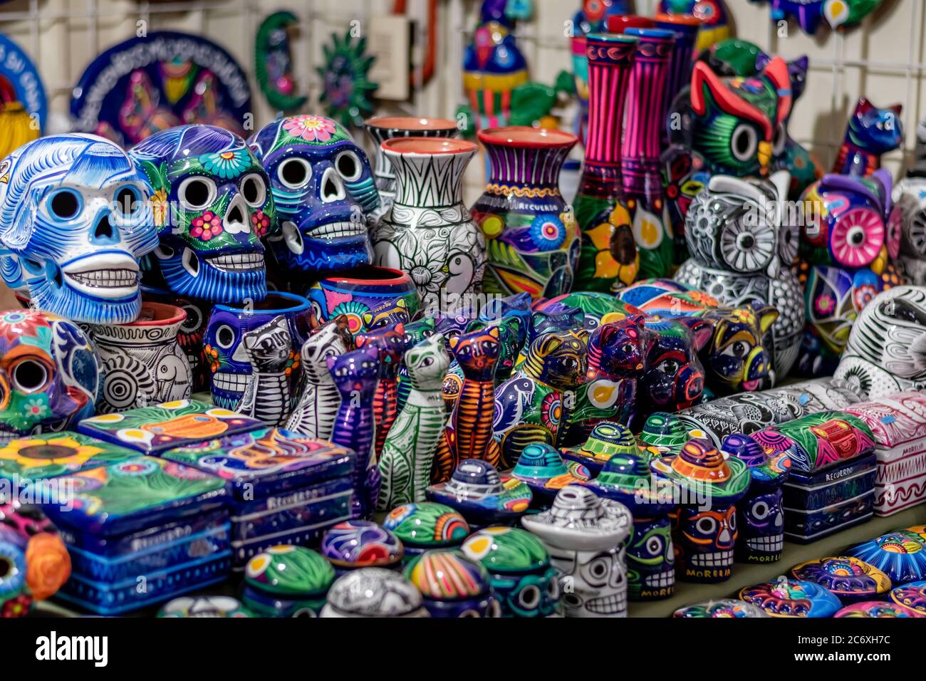 Colorful ceramic skulls for sale at market in Morelia Mexico Stock ...
