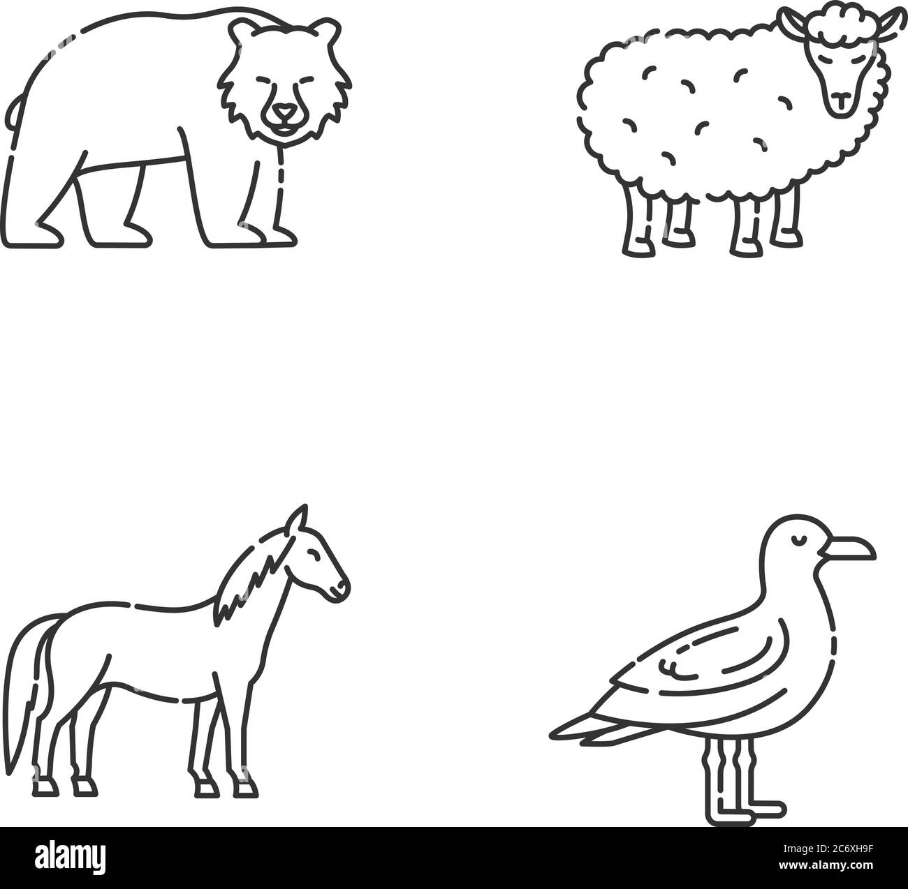 Domestic and wild animals pixel perfect linear icons set. Bear, seagull ...