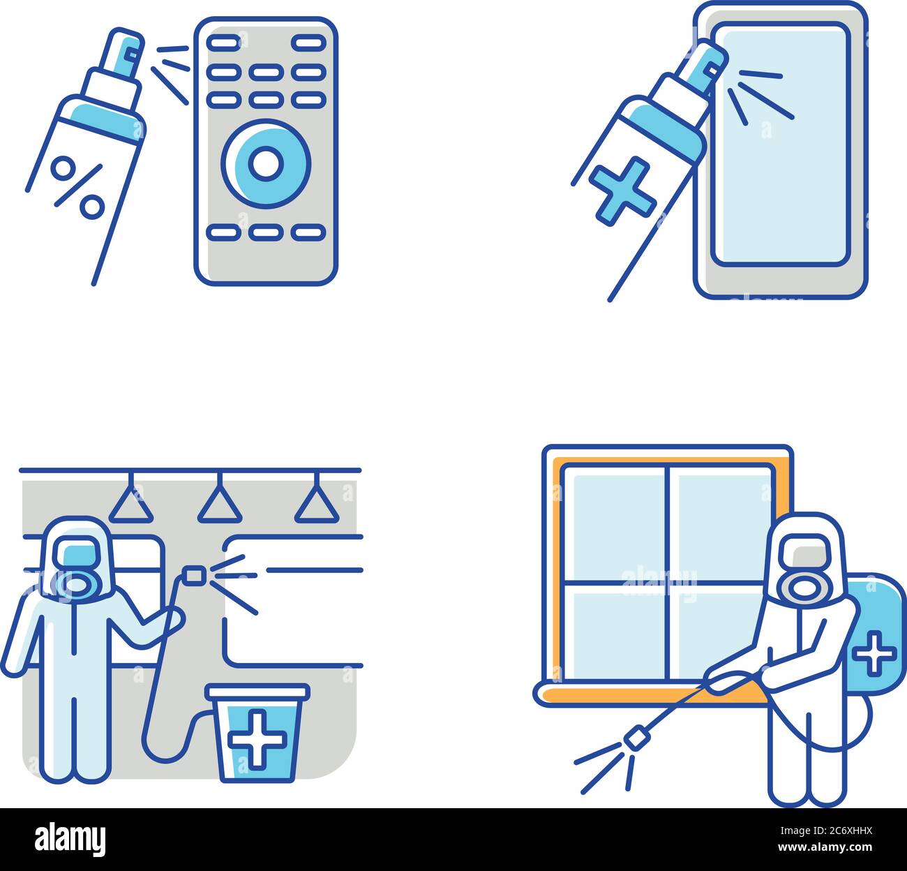 Sterilization RGB color icons set. Public transport and room fumigation ...