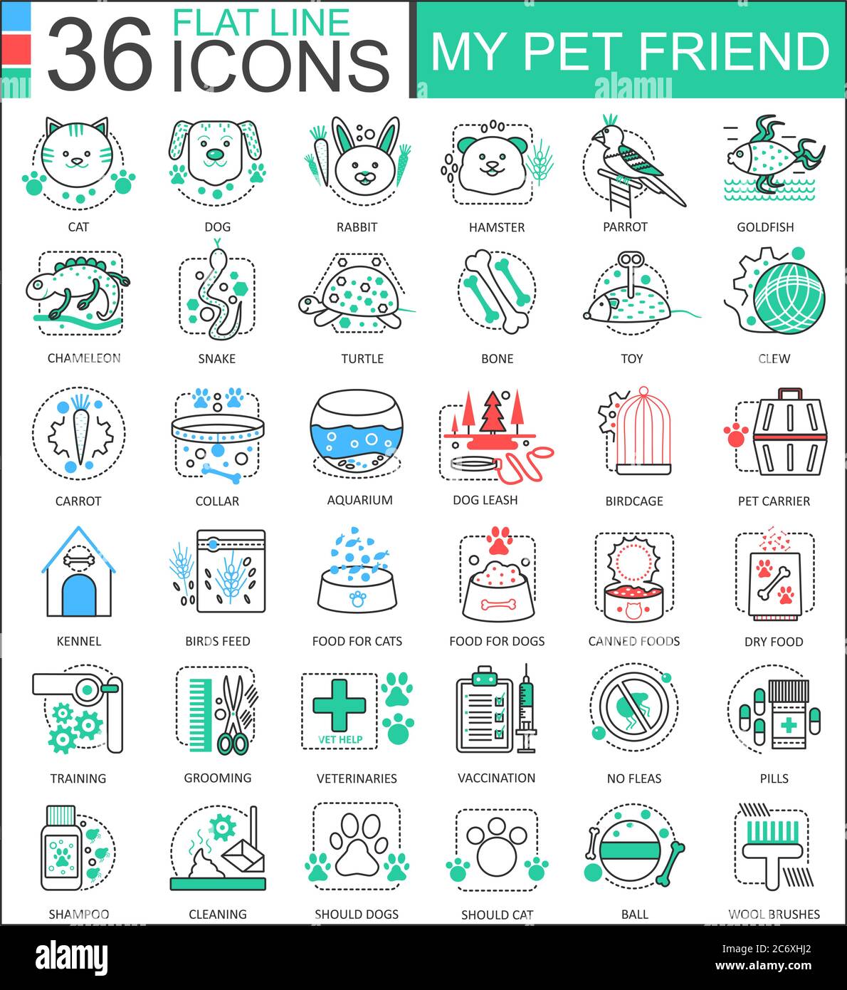 Vector my pet friend flat line outline icons for apps and web design ...