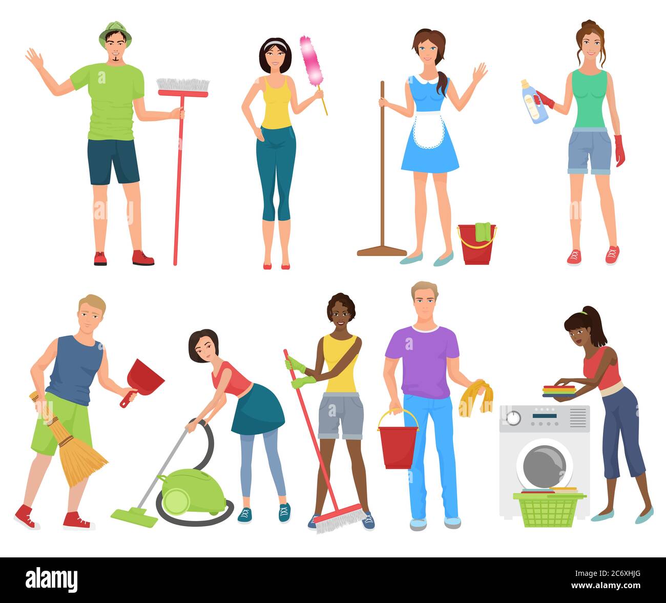 Man and woman cleaners. Cleaning people working washing with cleaning ...