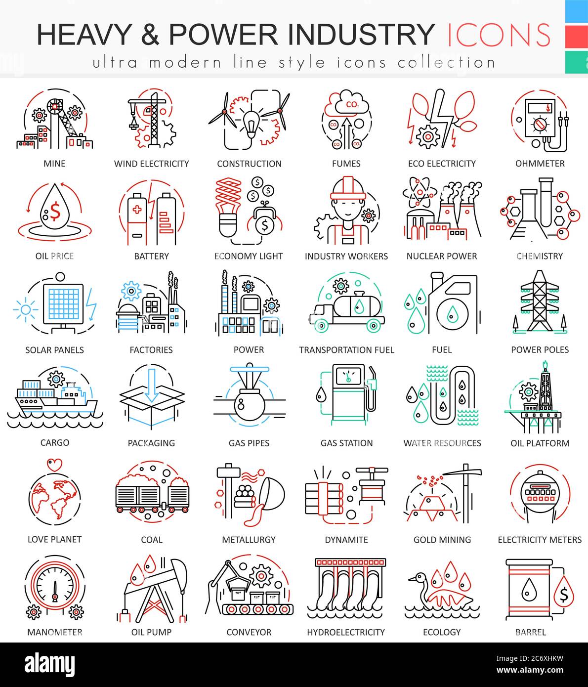 Vector Heavy and Power industry color line outline icons for apps and ...