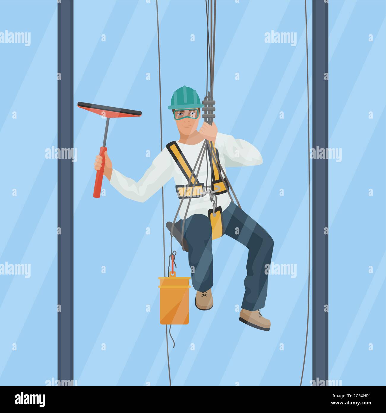 Washer wash the windows of modern skyscraper. Profesional worker ...