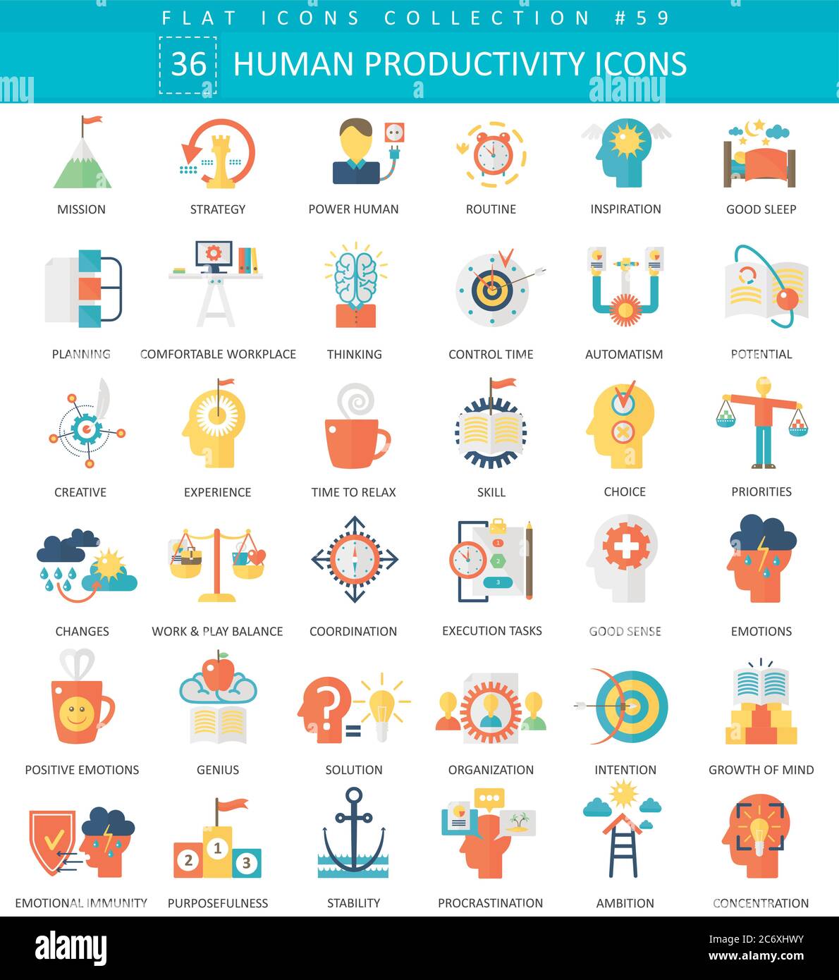 Vector Human productivity color flat icon set. Elegant style design ...