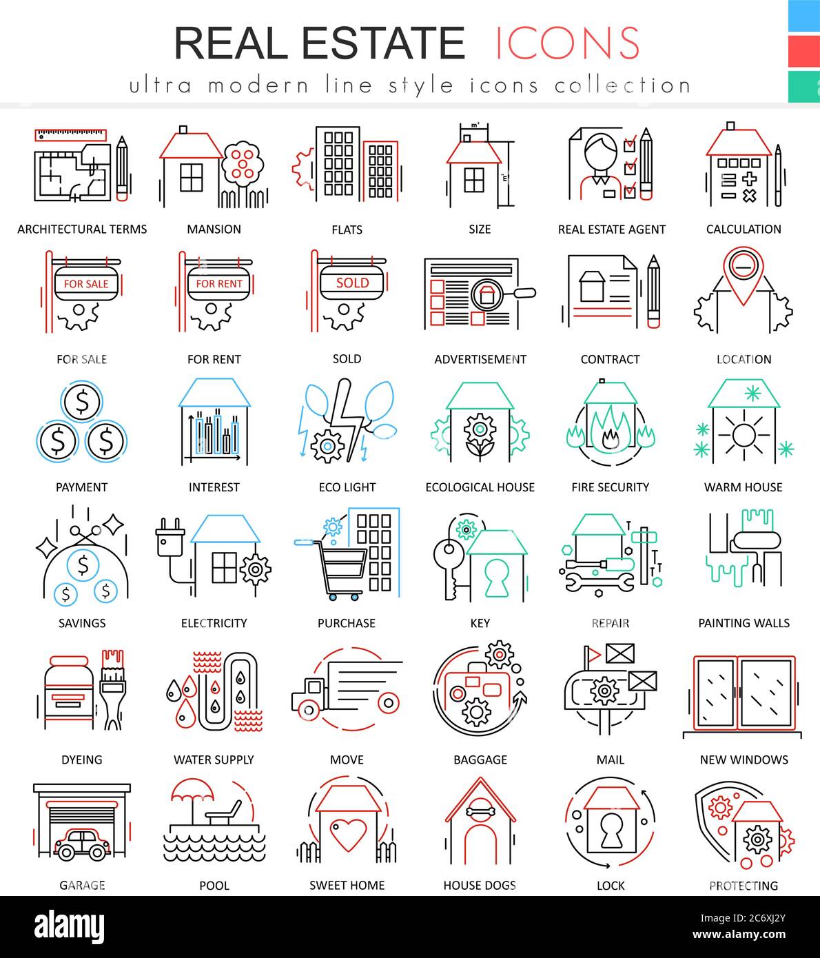 Vector Real estates color line outline icons for apps and web design ...