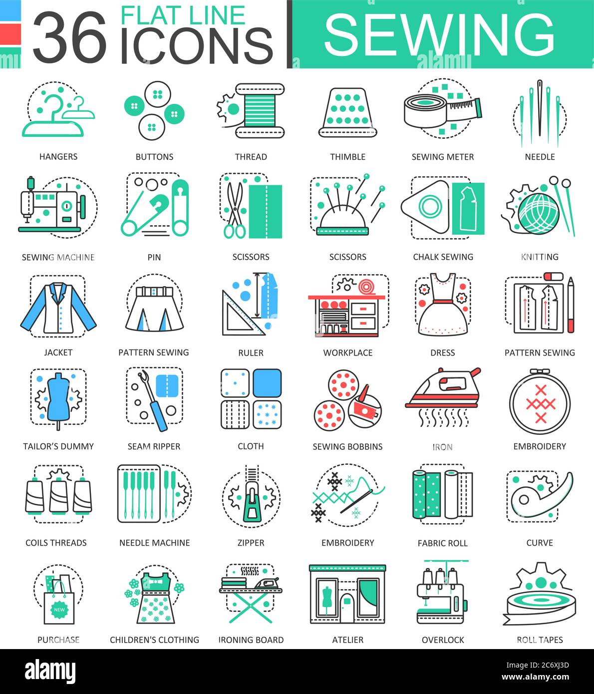 Vector Sewing flat line outline icons for apps and web design. Sewing ...