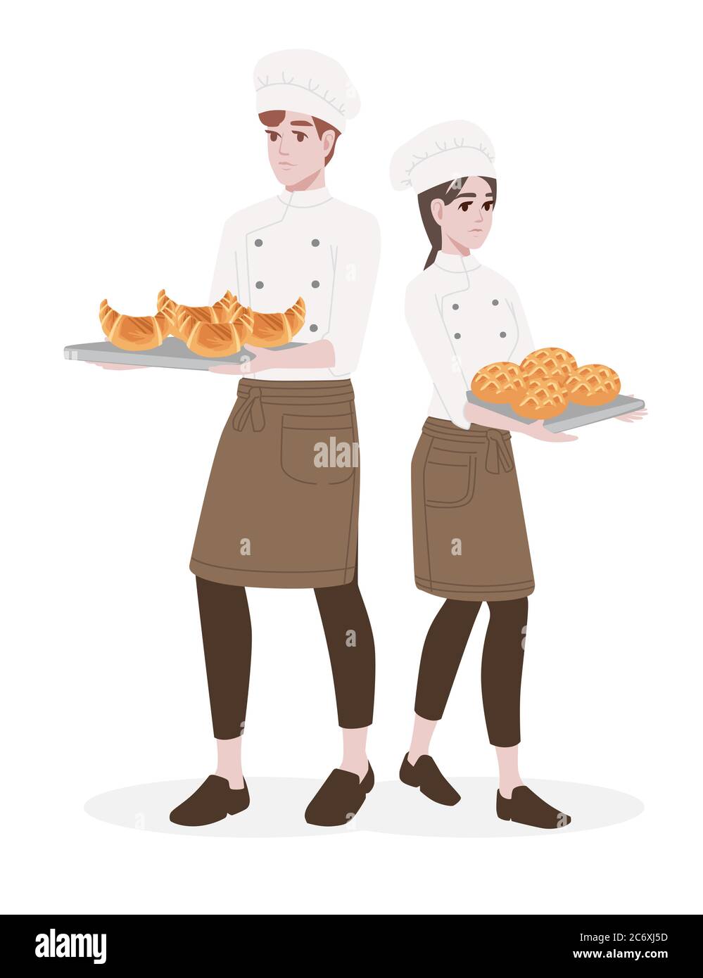 Male and female chef cook with baking tray professional bakery cartoon ...