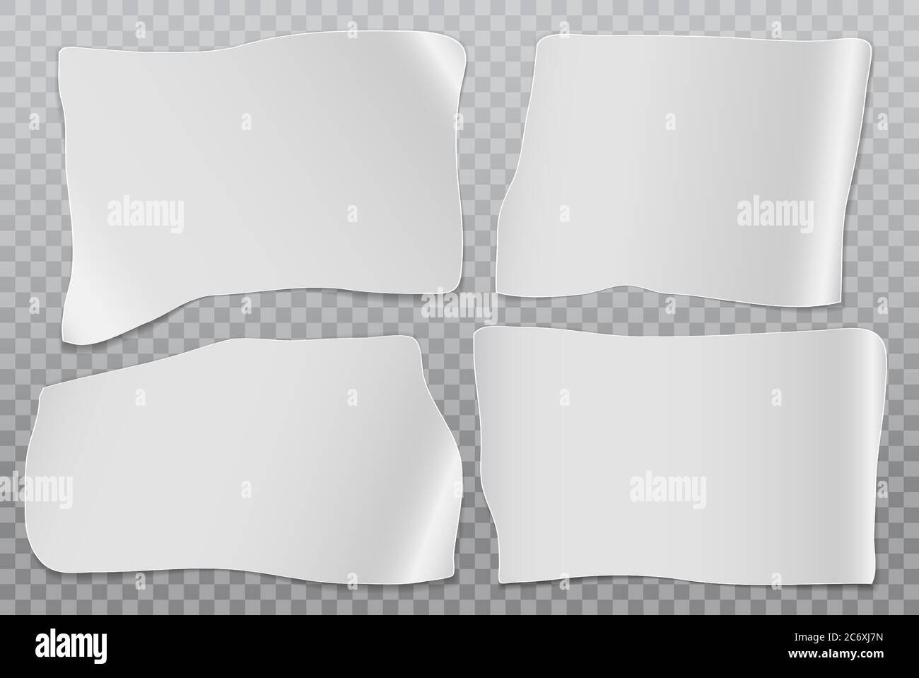 Set of cut out white note, notebook paper stuck on squared background ...