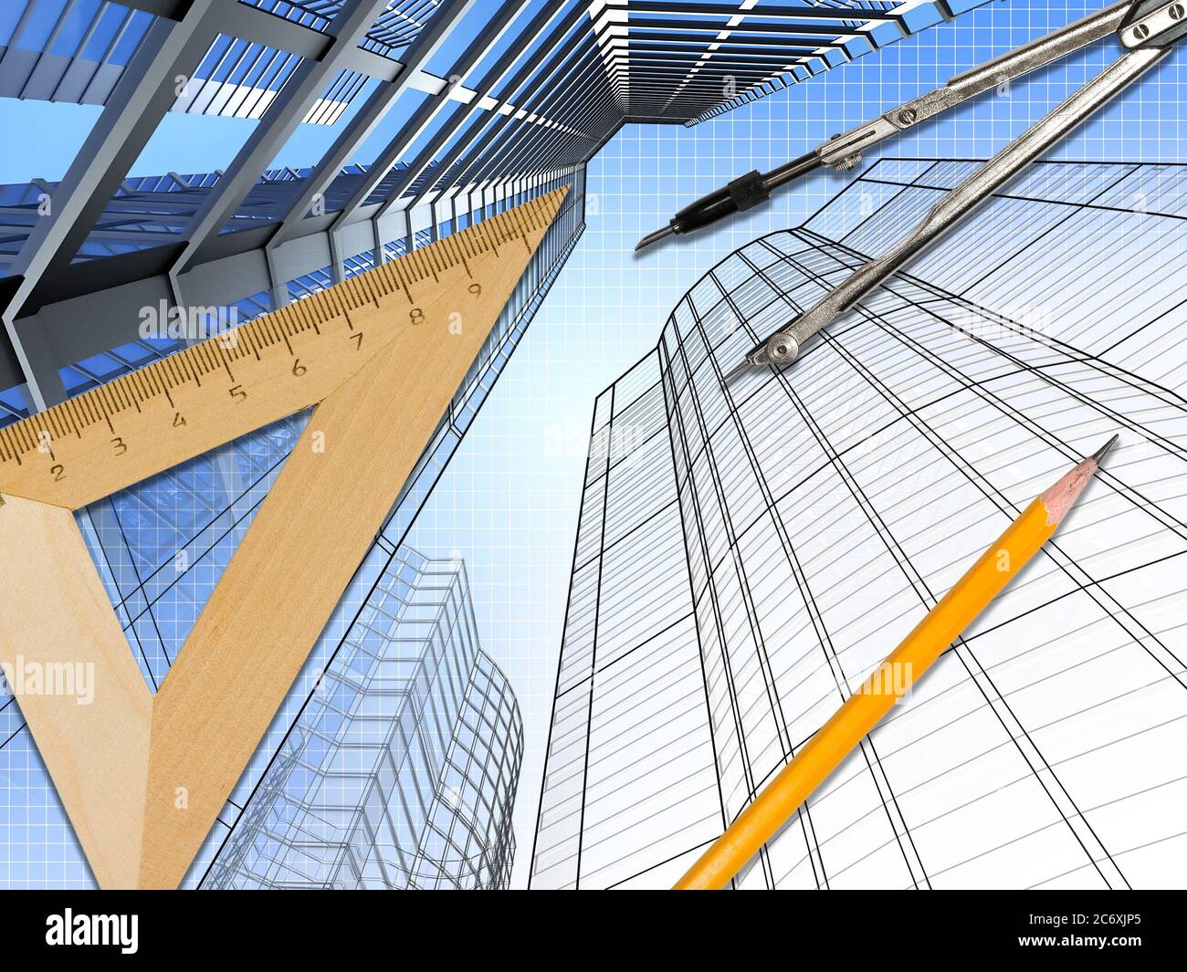 Blueprint with drawing tools Stock Photo - Alamy