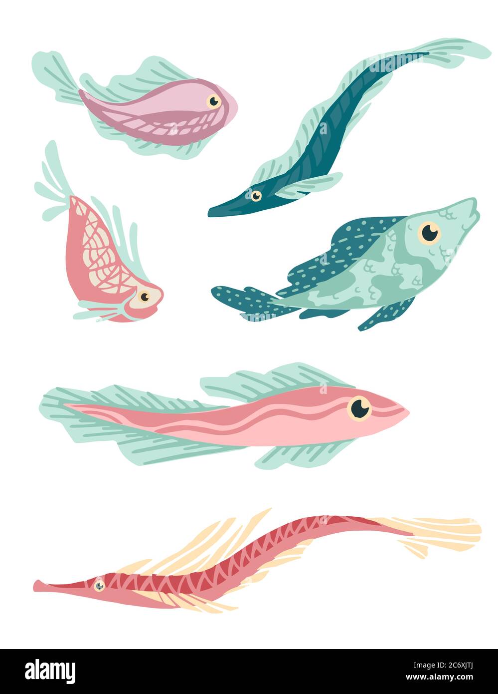 Set of sea exotic fishes flat vector illustration isolated on white ...