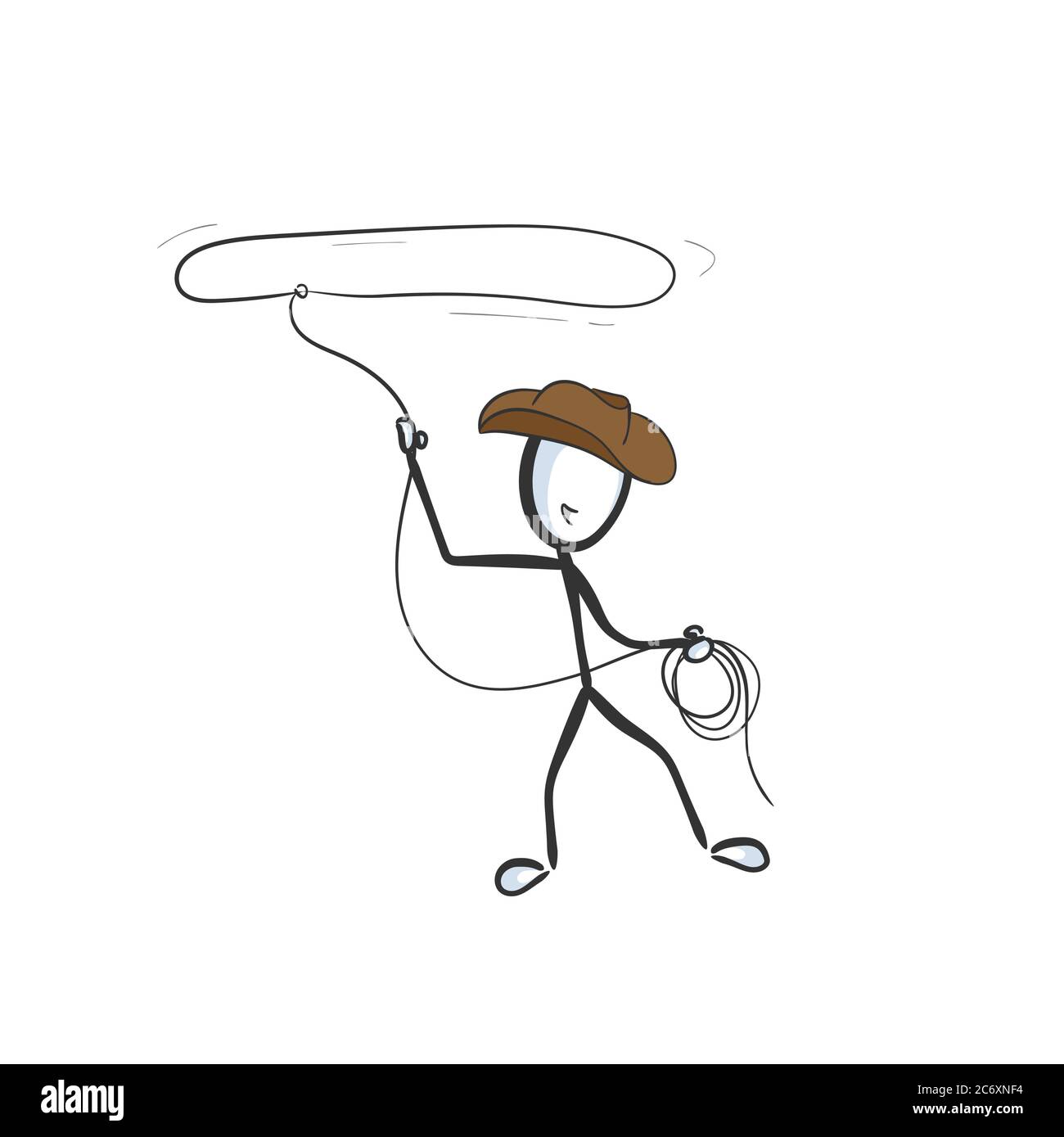 Wild west cowboy with rope. Vector simple cowboy loop. Stickman no face ...