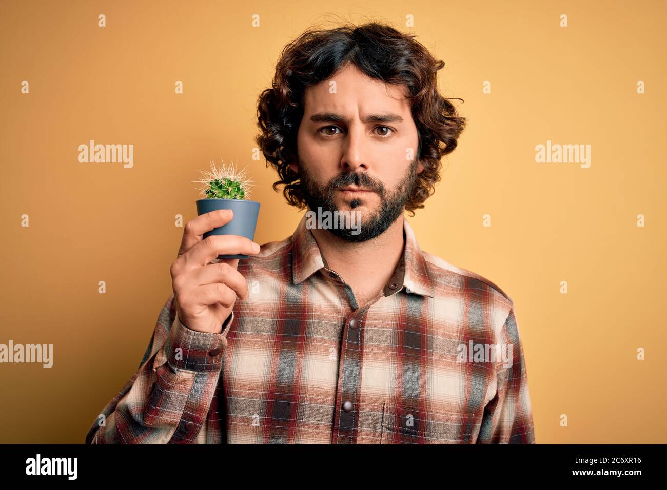 Young man with curly hair and beard holding small cactus plant pot over ...