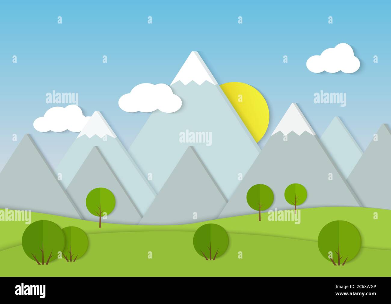 Mountains cardboard paper landscape. Green trees on field Vector ...