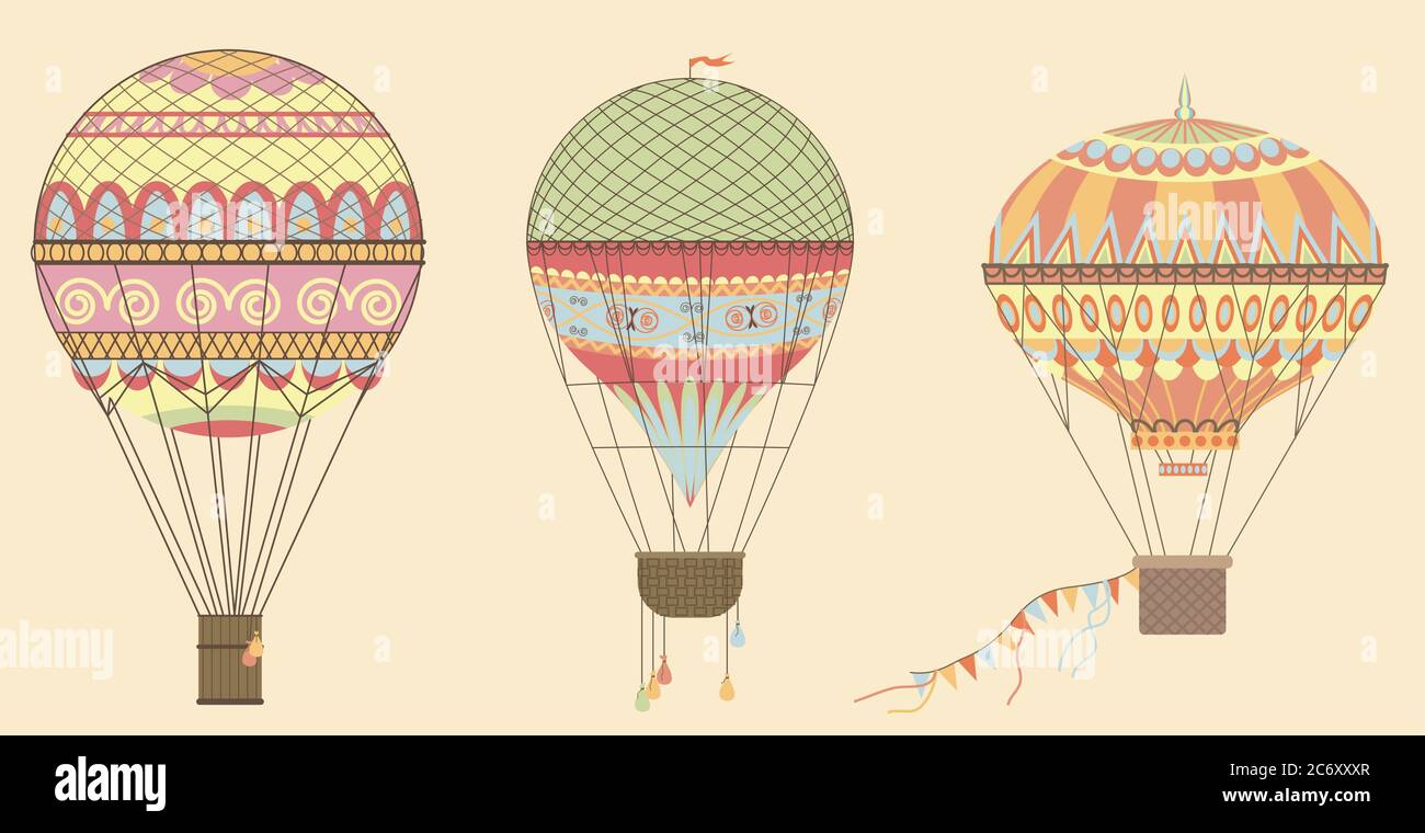 Vintage Hot Air Balloons in sky. Vector illustration Stock Vector Image ...