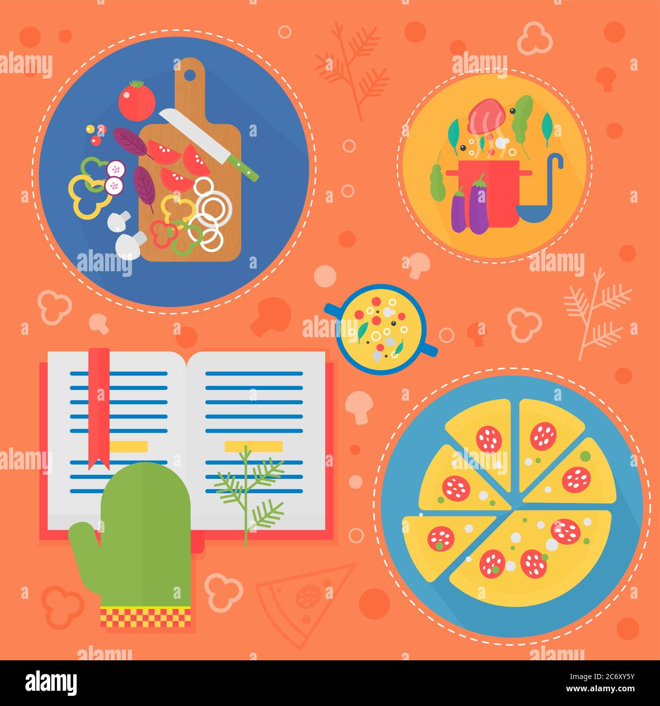 Modern cooking love flat concept. Kitchen tools and cooking food ...