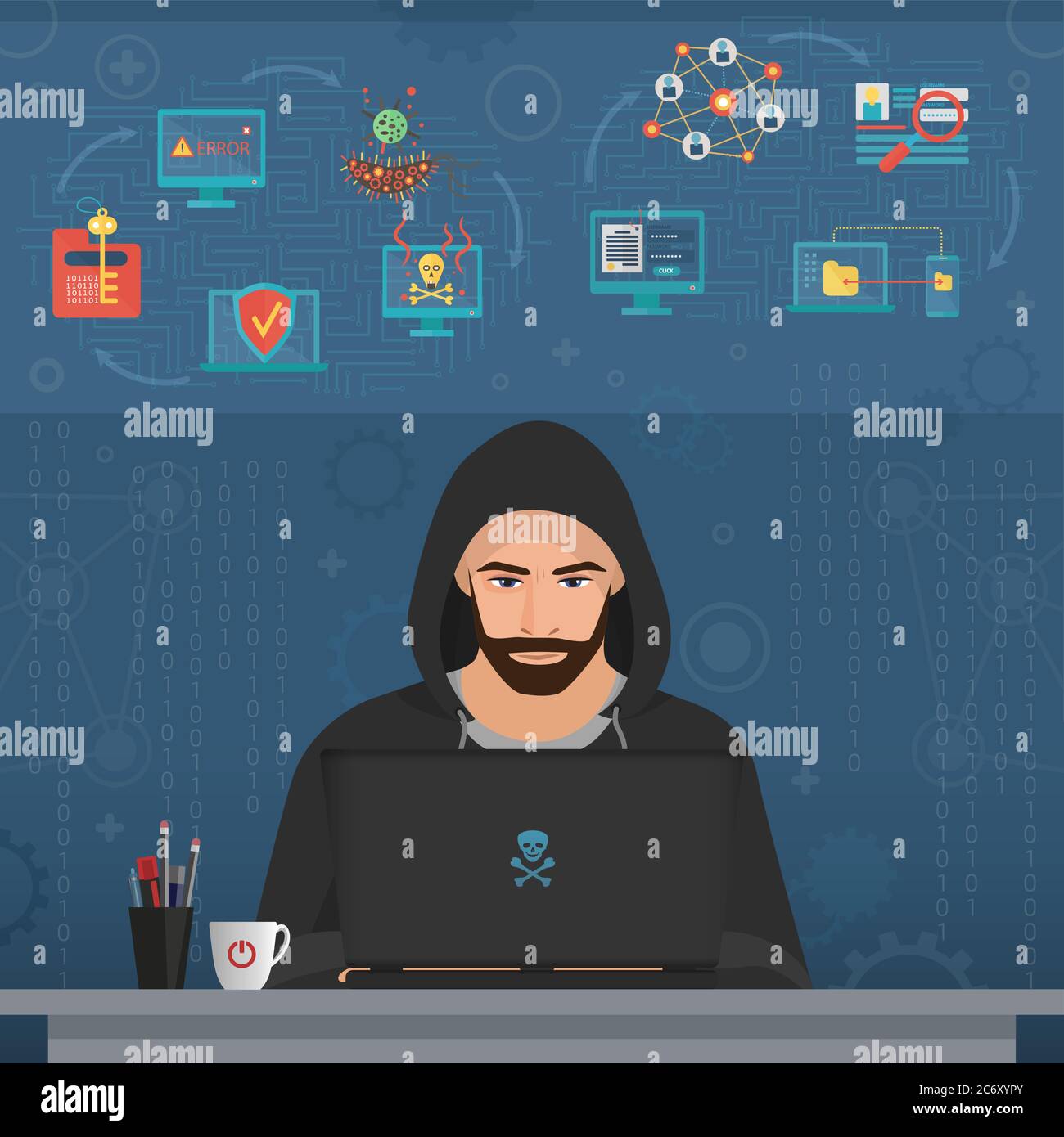 Hacker man hacking secret data on the laptop. Icon set. Modern ...