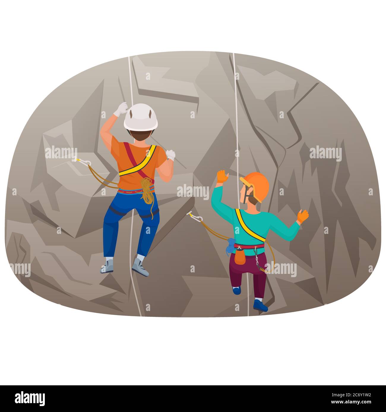Back view of two people climbing up to the cliff vector illustration ...